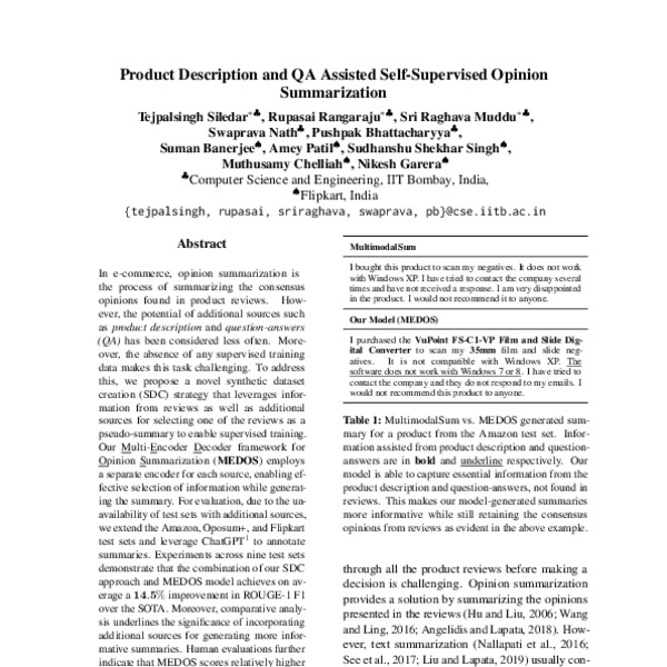 Product Description and QA Assisted Self-Supervised Opinion Summarization - ACL Anthology