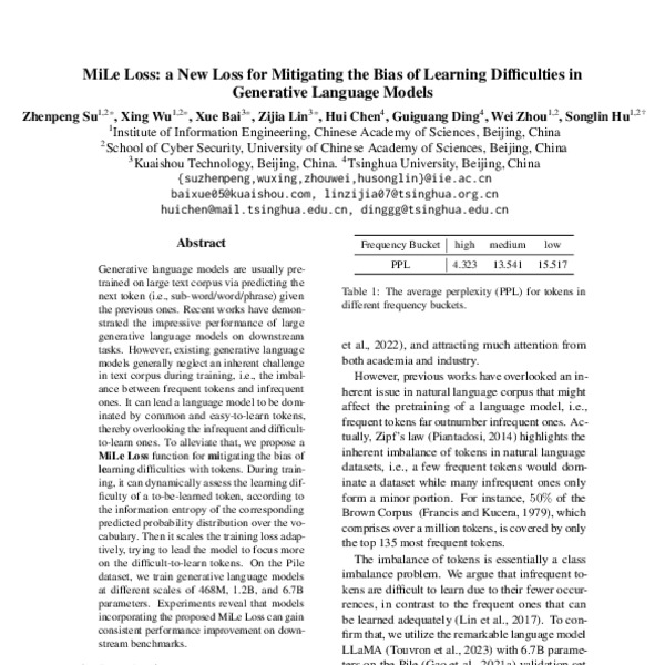 MiLe Loss: a New Loss for Mitigating the Bias of Learning Difficulties in Generative Language ...