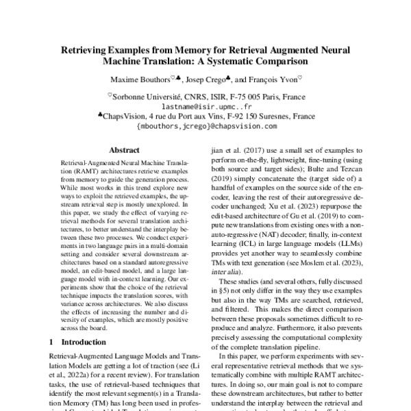Retrieving Examples from Memory for Retrieval Augmented Neural Machine Translation: A Systematic ...
