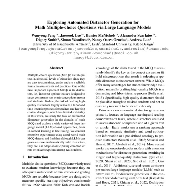 Exploring Automated Distractor Generation For Math Multiple Choice