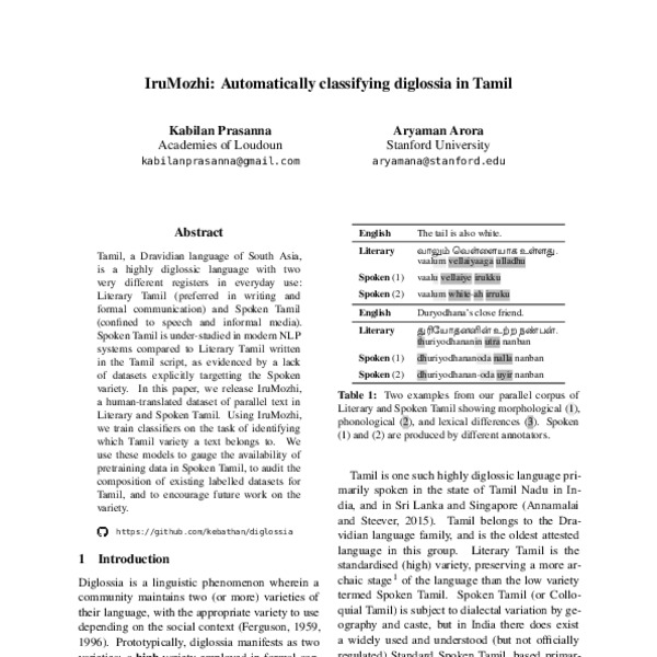 IruMozhi: Automatically classifying diglossia in Tamil - ACL Anthology
