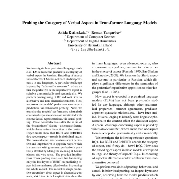 Probing the Category of Verbal Aspect in Transformer Language Models - ACL Anthology