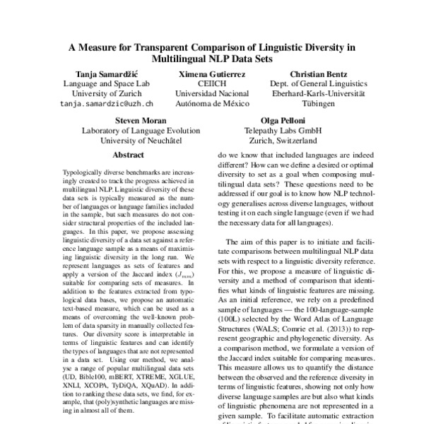 A Measure for Transparent Comparison of Linguistic Diversity in Multilingual NLP Data Sets - ACL ...