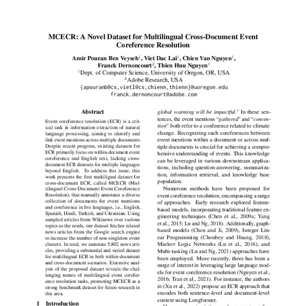 MCECR: A Novel Dataset for Multilingual Cross-Document Event Coreference Resolution - ACL Anthology