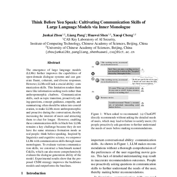 Think Before You Speak: Cultivating Communication Skills of Large Language Models via Inner ...