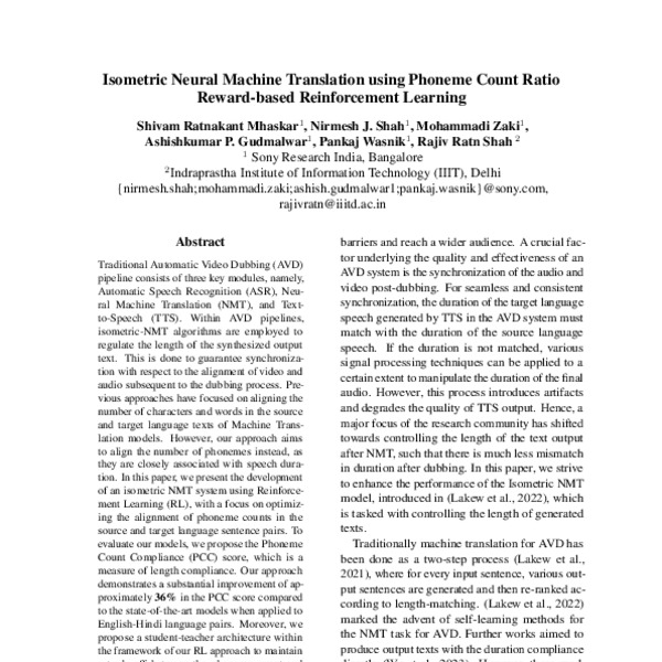 Isometric Neural Machine Translation using Phoneme Count Ratio Reward-based Reinforcement ...