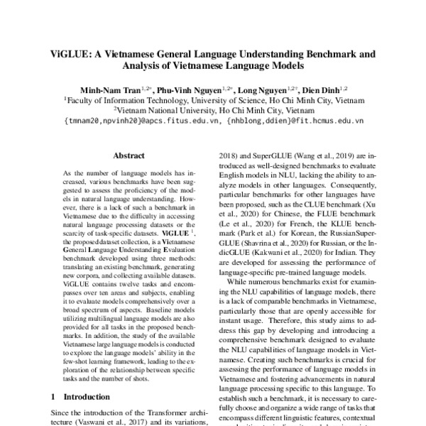 ViGLUE: A Vietnamese General Language Understanding Benchmark and ...