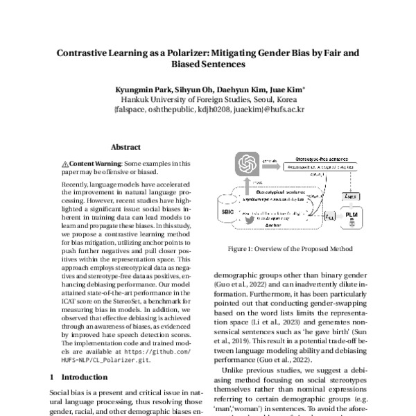 Contrastive Learning as a Polarizer: Mitigating Gender Bias by Fair and Biased sentences - ACL ...