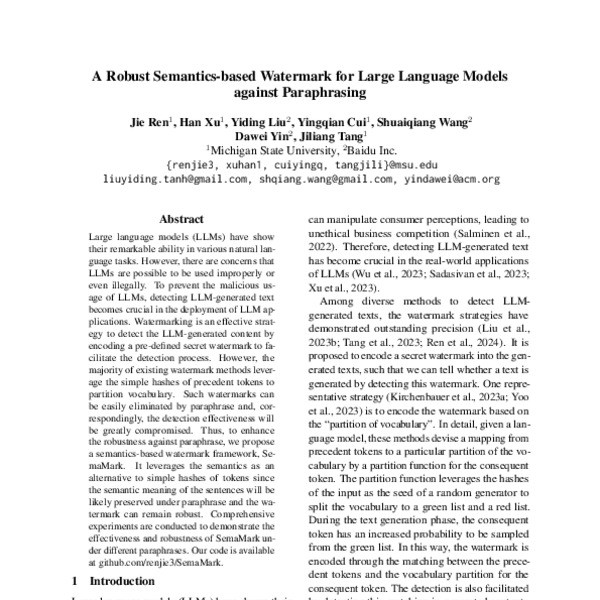 A Robust Semantics-based Watermark for Large Language Model against Paraphrasing - ACL Anthology