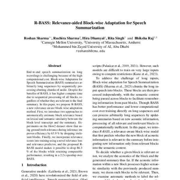 R-BASS : Relevance-aided Block-wise Adaptation for Speech Summarization - ACL Anthology