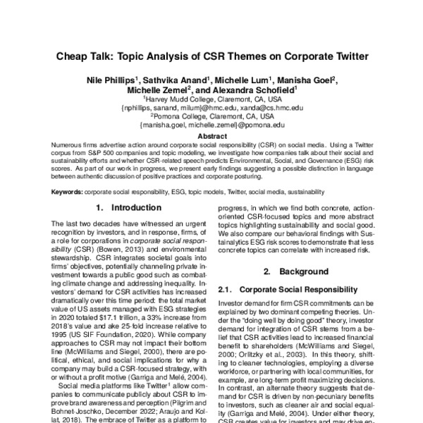 Cheap Talk: Topic Analysis of CSR Themes on Corporate Twitter - ACL Anthology
