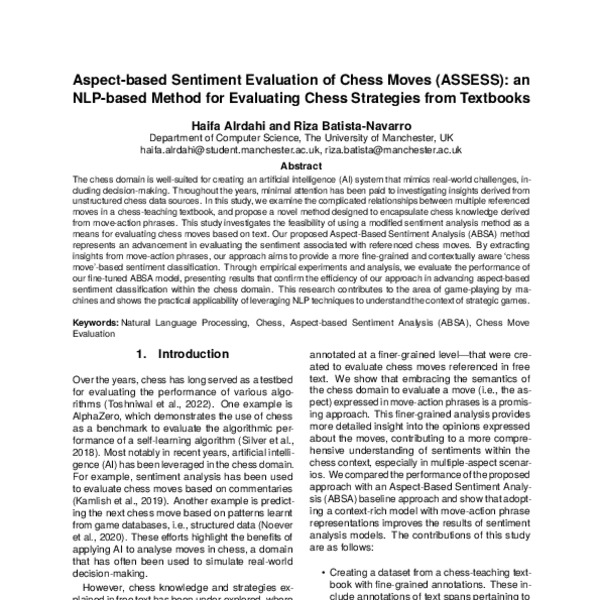 Aspect-based Sentiment Evaluation of Chess Moves (ASSESS): an NLP-based Method for Evaluating ...