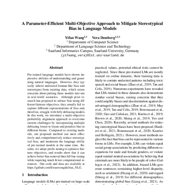 A Parameter-Efficient Multi-Objective Approach to Mitigate Stereotypical Bias in Language Models ...