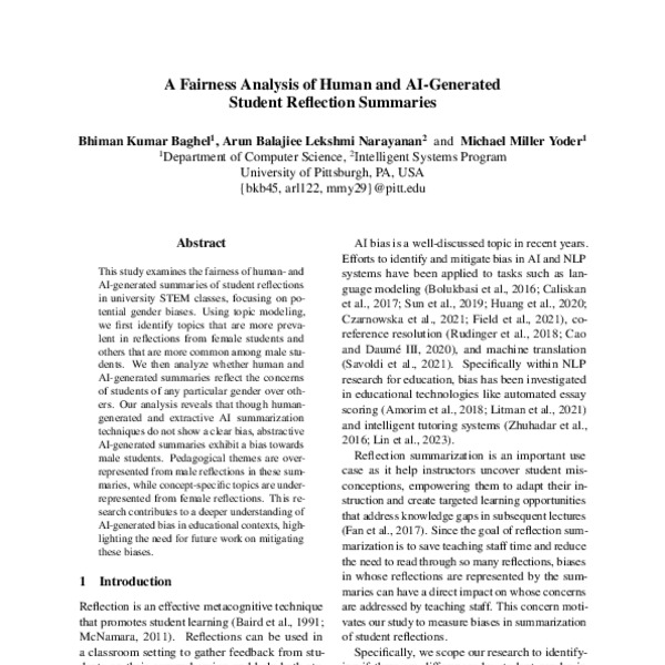 A Fairness Analysis of Human and AI-Generated Student Reflection Summaries - ACL Anthology