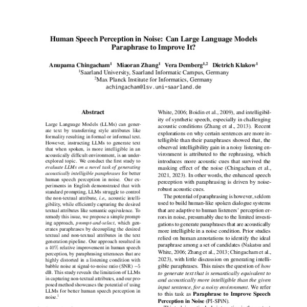 Human Speech Perception in Noise: Can Large Language Models Paraphrase ...