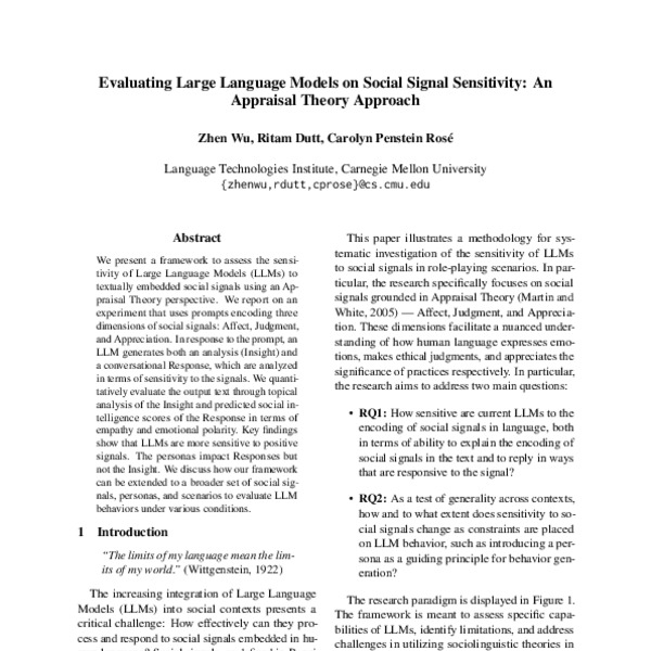 Evaluating Large Language Models on Social Signal Sensitivity: An Appraisal Theory Approach ...