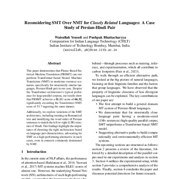 Reconsidering SMT Over NMT for Closely Related Languages: A Case Study ...