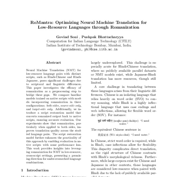 RoMantra: Optimizing Neural Machine Translation for Low-Resource Languages through Romanization ...