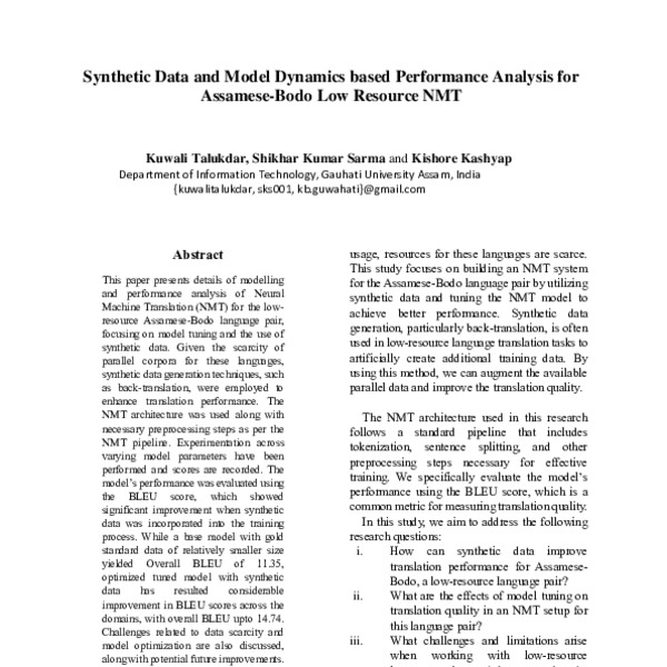 Synthetic Data and Model Dynamics based Performance Analysis for Assamese-Bodo Low Resource NMT ...