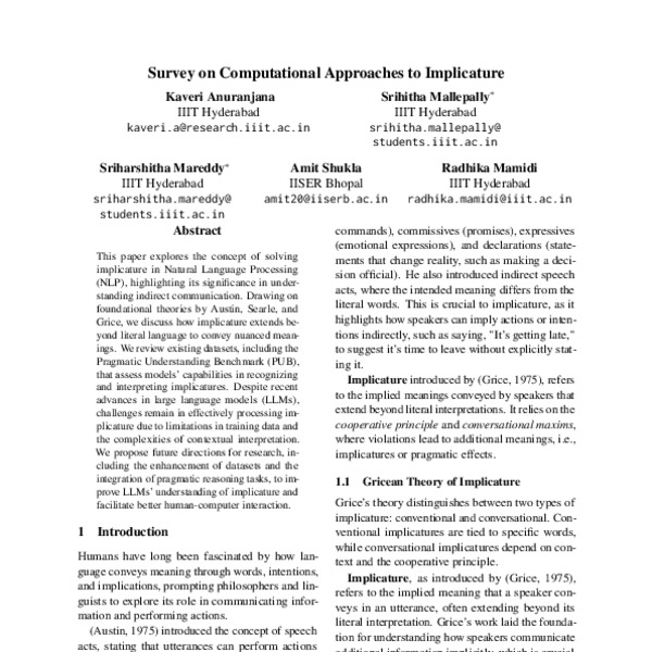Survey on Computational Approaches to Implicature - ACL Anthology