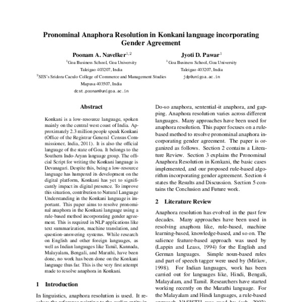 Pronominal Anaphora Resolution in Konkani language incorporating Gender Agreement - ACL Anthology
