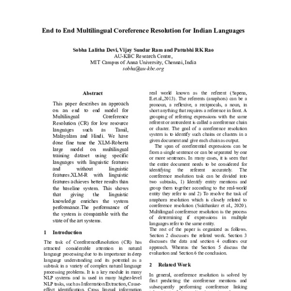 End to End Multilingual Coreference Resolution for Indian Languages - ACL Anthology