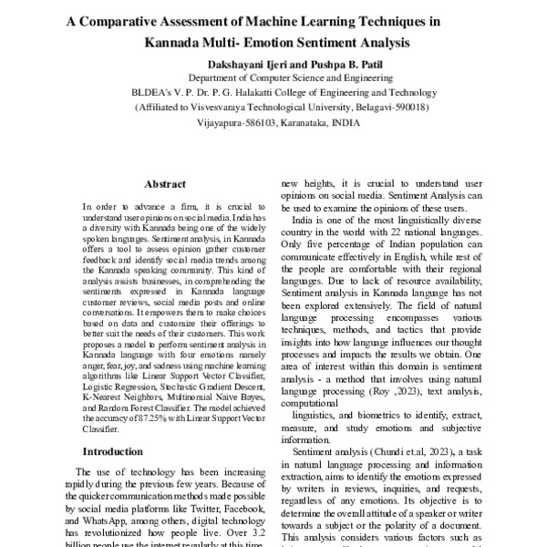 A Comparative Assessment of Machine Learning Techniques in Kannada Multi-Emotion Sentiment ...