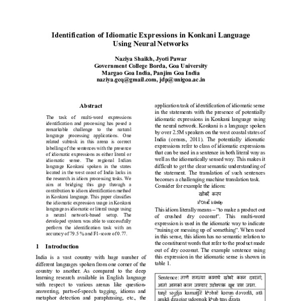 Identification of Idiomatic Expressions in Konkani Language Using Neural Networks - ACL Anthology