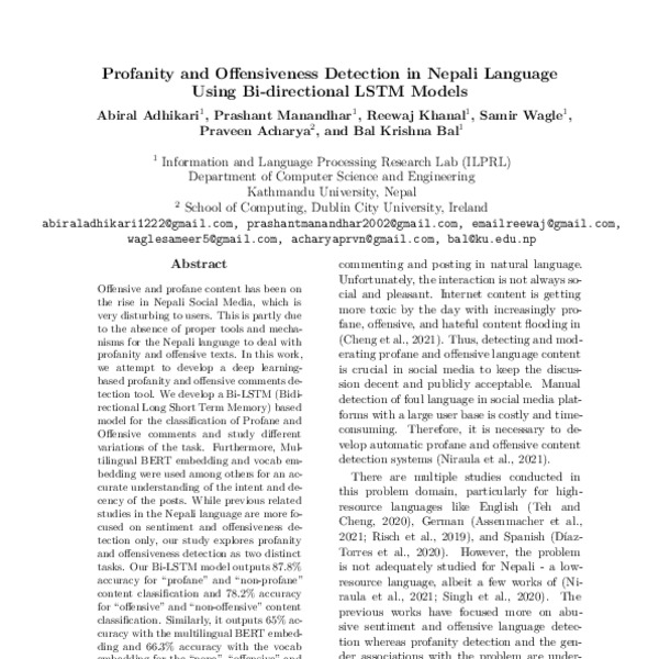 Profanity and Offensiveness Detection in Nepali Language Using Bi ...