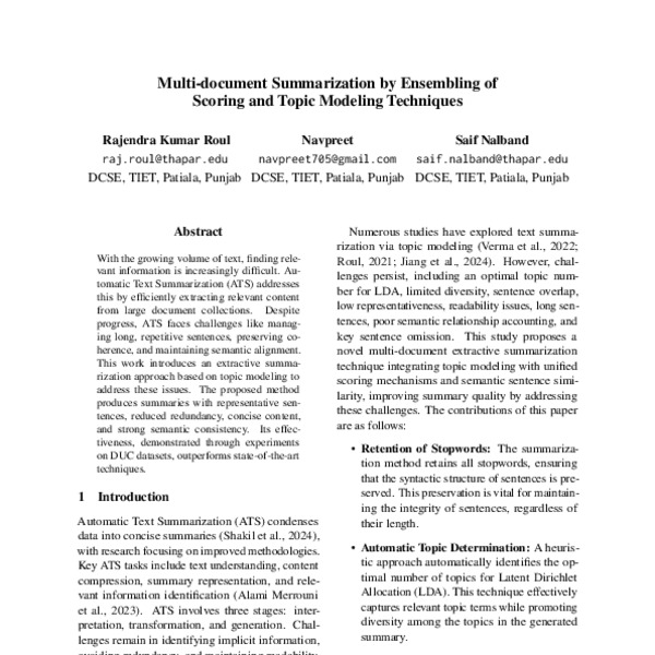 Multi-document Summarization by Ensembling of Scoring and Topic Modeling Techniques - ACL Anthology