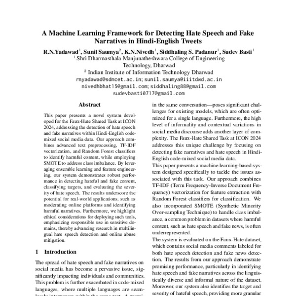 A Machine Learning Framework for Detecting Hate Speech and Fake Narratives in Hindi-English ...