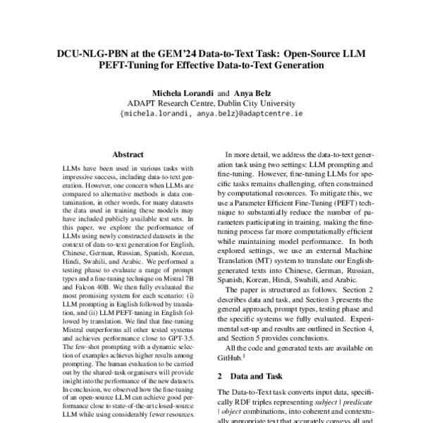 DCU-NLG-PBN at the GEM’24 Data-to-Text Task: Open-Source LLM PEFT-Tuning for Effective Data-to ...