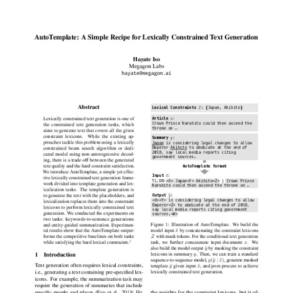 AutoTemplate: A Simple Recipe for Lexically Constrained Text Generation - ACL Anthology