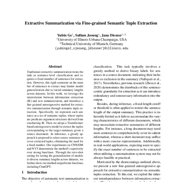 Extractive Summarization Via Fine Grained Semantic Tuple Extraction