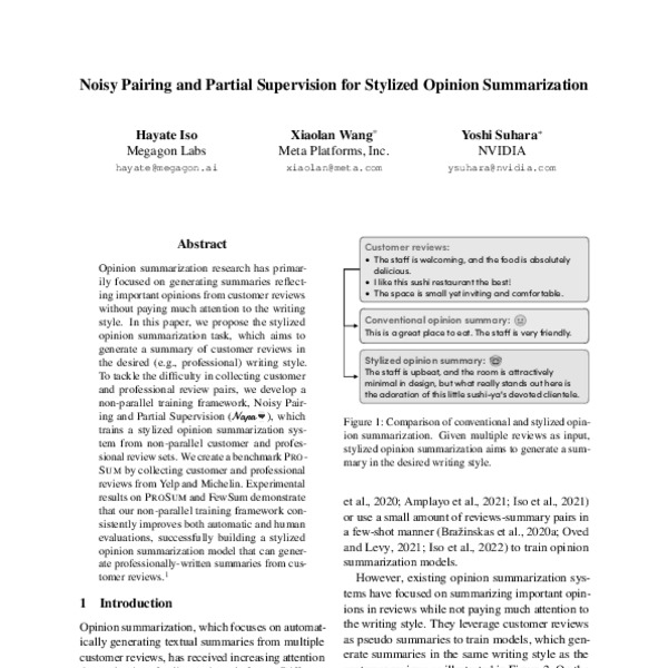 Noisy Pairing and Partial Supervision for Stylized Opinion Summarization - ACL Anthology