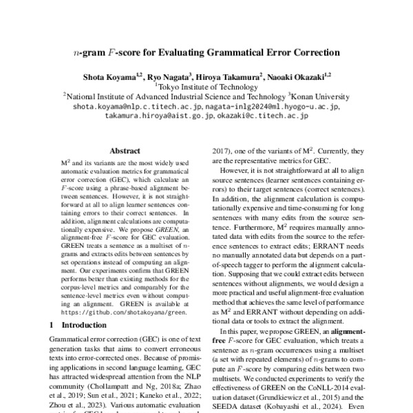 n-gram F-score for Evaluating Grammatical Error Correction - ACL Anthology
