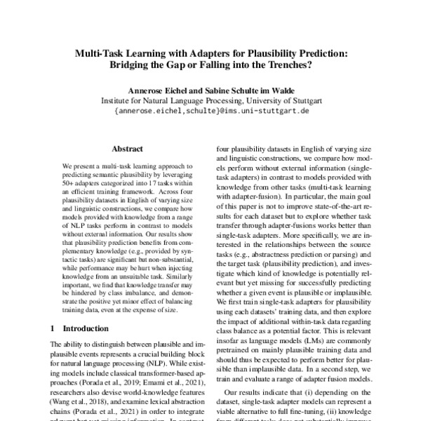 Multi-Task Learning with Adapters for Plausibility Prediction: Bridging the Gap or Falling into ...
