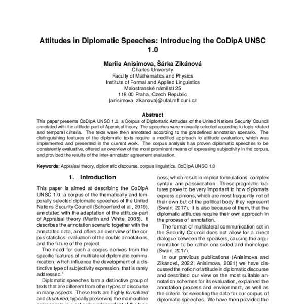 Attitudes in Diplomatic Speeches: Introducing the CoDipA UNSC 1.0 - ACL ...