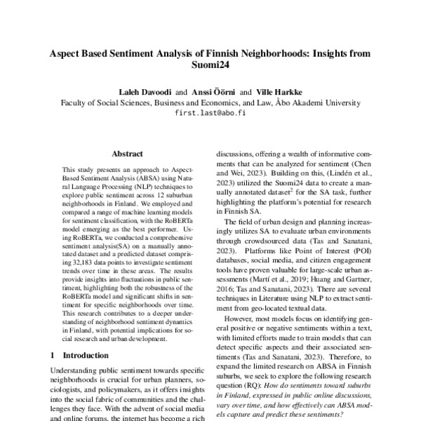 Aspect Based Sentiment Analysis of Finnish Neighborhoods: Insights from Suomi24 - ACL Anthology