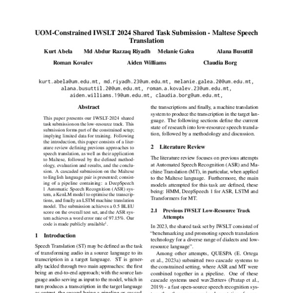 UOM-Constrained IWSLT 2024 Shared Task Submission - Maltese Speech ...