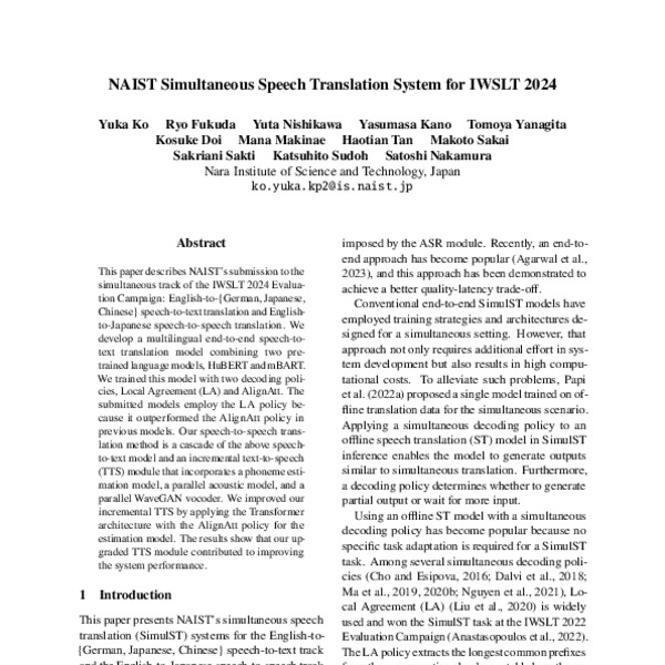 NAIST Simultaneous Speech Translation System for IWSLT 2024 - ACL Anthology