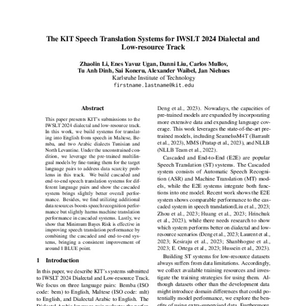 The KIT Speech Translation Systems for IWSLT 2024 Dialectal and Low ...