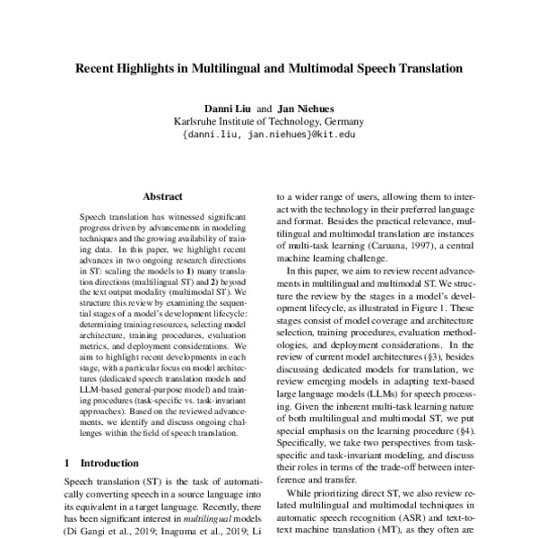 Recent Highlights in Multilingual and Multimodal Speech Translation ...