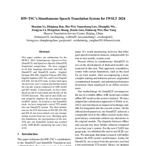 HW-TSC’s Simultaneous Speech Translation System for IWSLT 2024 - ACL ...