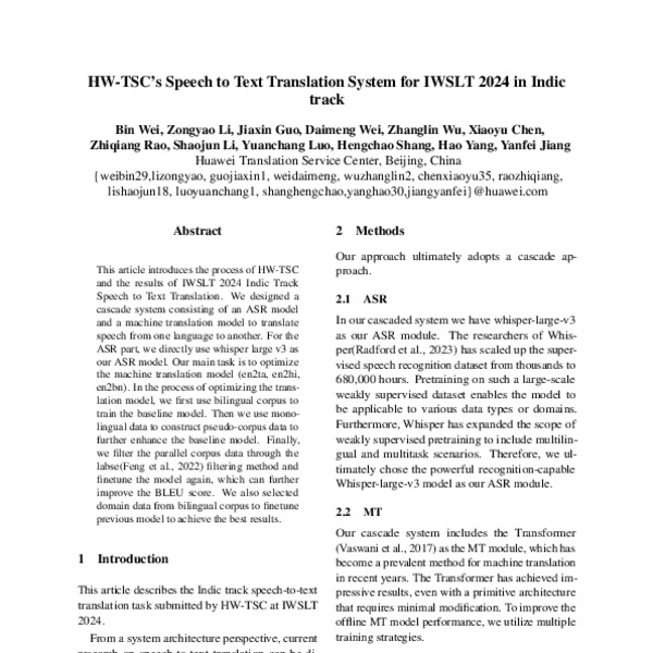 HW-TSC’s Speech to Text Translation System for IWSLT 2024 in Indic track - ACL Anthology