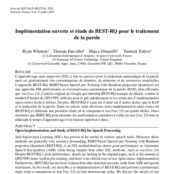 Implémentation ouverte et étude de BEST-RQ pour le traitement de la ...