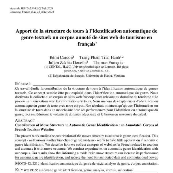 Apport de la structure de tours à l’identification automatique de genre ...