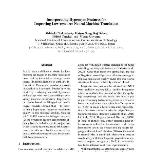 Incorporating Hypernym Features for Improving Low-resource Neural Machine Translation - ACL ...
