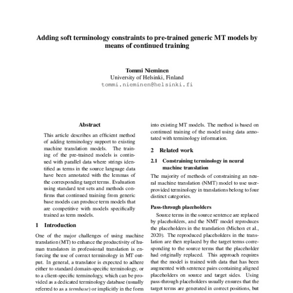 Adding soft terminology constraints to pre-trained generic MT models by ...