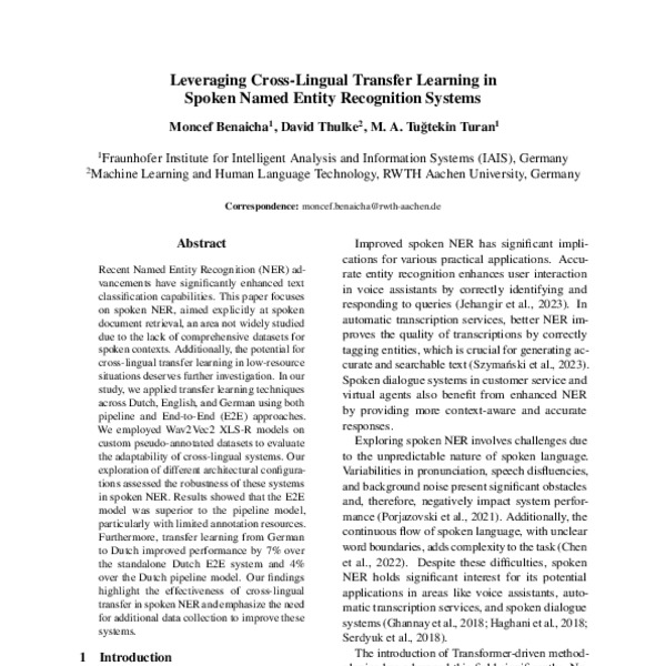 Leveraging Cross Lingual Transfer Learning In Spoken Named Entity Recognition Systems Acl
